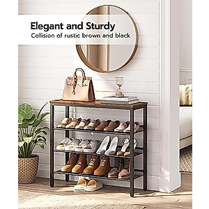 HOOBRO Shoe Rack, 4-Tier Shoe Rack, Shoe Shelf for Entryway, Closet, Holds 12-15 Pairs of Shoes, Shoe Storage Organizer with 3 Metal Mesh Shelves, Solid and Stable, Industrial, Rustic Brown BF42XJ01