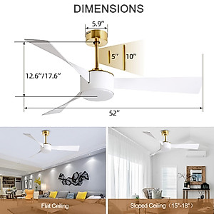 Fanliving 52 Inch Ceiling Fan with Lights Remote Control, Indoor Modern Ceiling Fan with High CFM Quiet DC Motor, 3 Blade White Gold Ceiling Fan for Bedroom Living & Dining Room