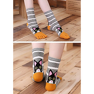 ZAKASA Womens Funny Toe Sock Cotton Five Finger Running Ankle Novelty Socks (Animal cat, US shoe 6-9)