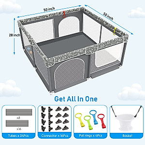 Baby Playpen, Large ,50x50 inch Sturdy Safety Play Yard Playpen for Babies and Toddlers with Soft Breathable Mesh, Anti-Slip Suckers, Indoor & Outdoor Baby Play Area Activity Center