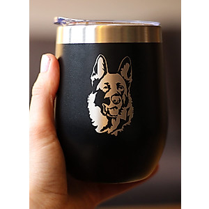 German Shepherd Wine Tumbler with Sliding Lid - Stemless Stainless Steel Insulated Cup - German Shepherds Outdoor Camping Mug - Black