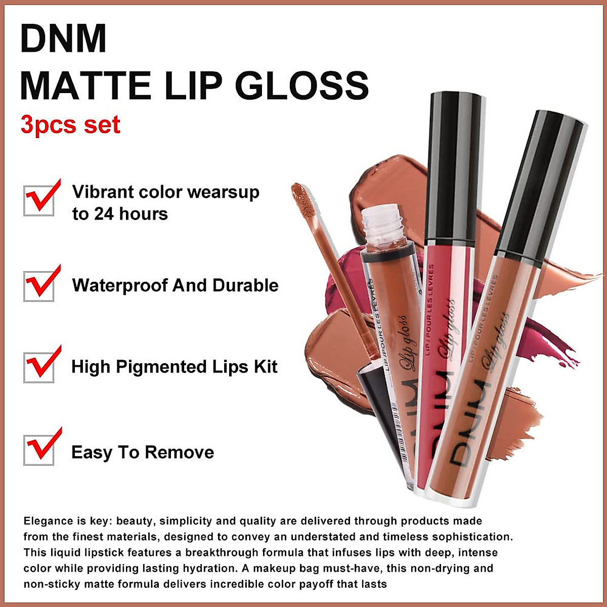 3Pcs Nude Brown Pink Dark Maroon Matte Liquid Lipstick Makeup Sets for Dark Skin Black Women DNM Permanent Lip Stain Set Long Lasting Lipstick 24 Hours Waterproof labiales mate 24 horas originales 09