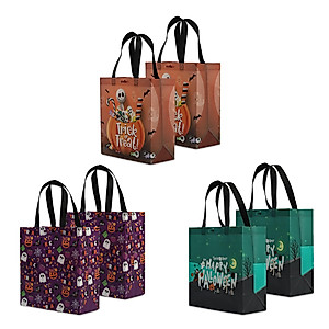 Earthwise Reusable Small Candy Totes Halloween Heavy Duty Water Resistant Material Assorted Holiday Prints (Pack of 6)
