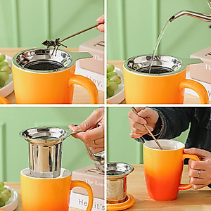 Henten Home Ceramics Tea Cup with Loose Leaf Infuser, Spoon and Lid, 15oz, Large Tea infuser Mug for Tea, Coffee, Milk-Microwave and Dishwasher Safe(15oz,Navy Blue)