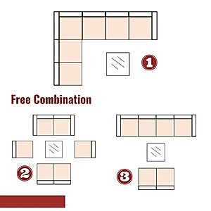 7 Pieces Outdoor Sectional Sofa Set, Brown PE Rattan Wicker Sectional Beige Cushioned Sofa Sets with 2 Red Pillows Patio Conversation Set with Glass Table for Lawn, Backyard, and Poolside