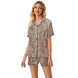 Umeyda Women's Short Sleeve Sleepwear Button Down Silk Satin 2 Piece Pajama Set, Leopard White, Small