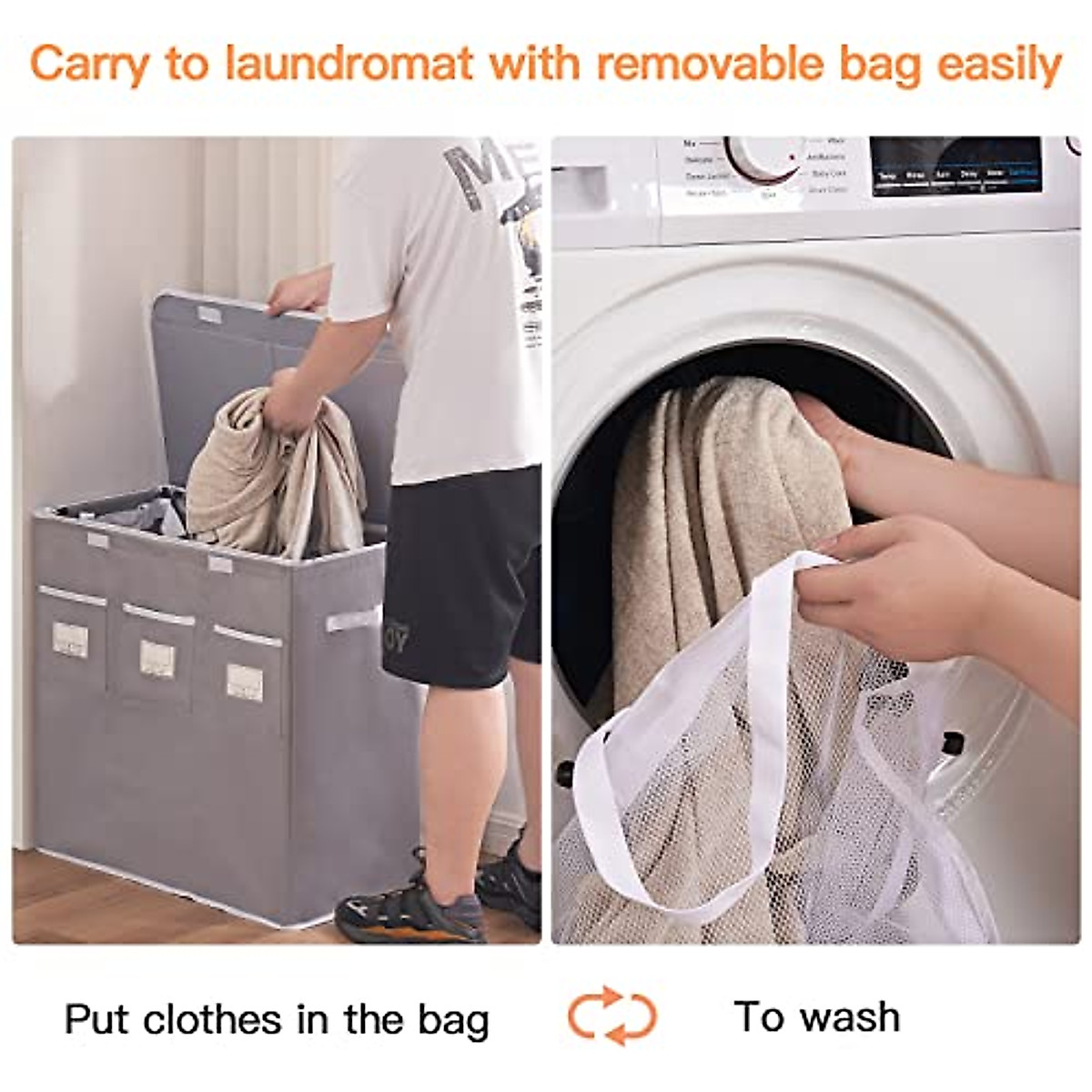 TECHMILLY 3 Section Large Laundry Basket, 140L Laundry Hamper with Lid，Waterproof Durable Clothes Hamper with 4 Removable Bags and 3 labels for Bathroom, Bedroom, Dorm, (Grey)