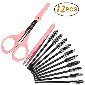 4" Curved Craft Scissors Stainless Steel Unisex Eyebrow Kit Eyebrow Scissors, Slant Tweezers And Eyebrow Brush for Eyebrow Eyelash Extensions (Pink Set)