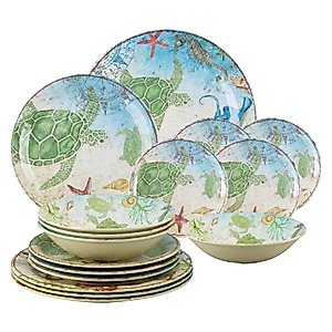 UPware 16-Piece Melamine Dinnerware Set, Includes Dinner Plates, Salad Plates, Dessert Plates, Bowls, Service for 4. (Sea Turtle)