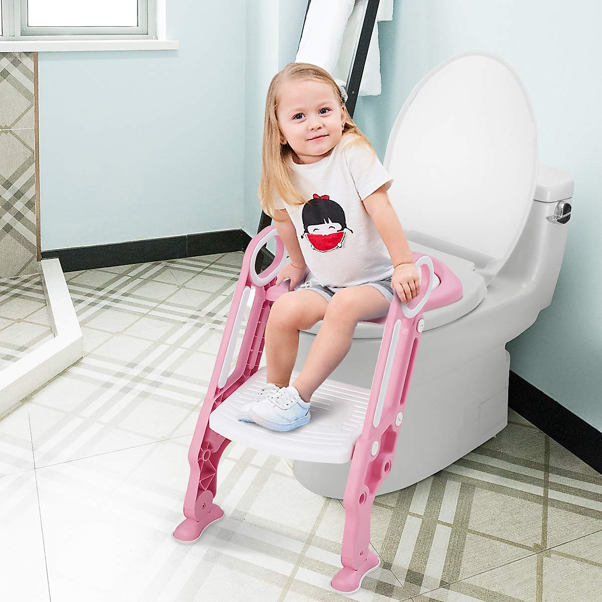 BABY JOY Kids Portable Potty Training Toilet Seat w/Step Stool Ladder, Foldable and Adjustable Toddler Toilet Training Seat Chair for Boys Girls Toddlers, Non-Slip Pads and Soft Cushion Seat (Pink)