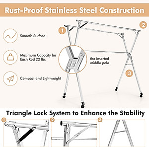 Nightcore Clothes Drying Rack, Stainless Steel Garment Rack with 4 Universal Wheels, Free of Installation, Foldable & Length Adjustable Hanger Rack for Indoor Outdoor
