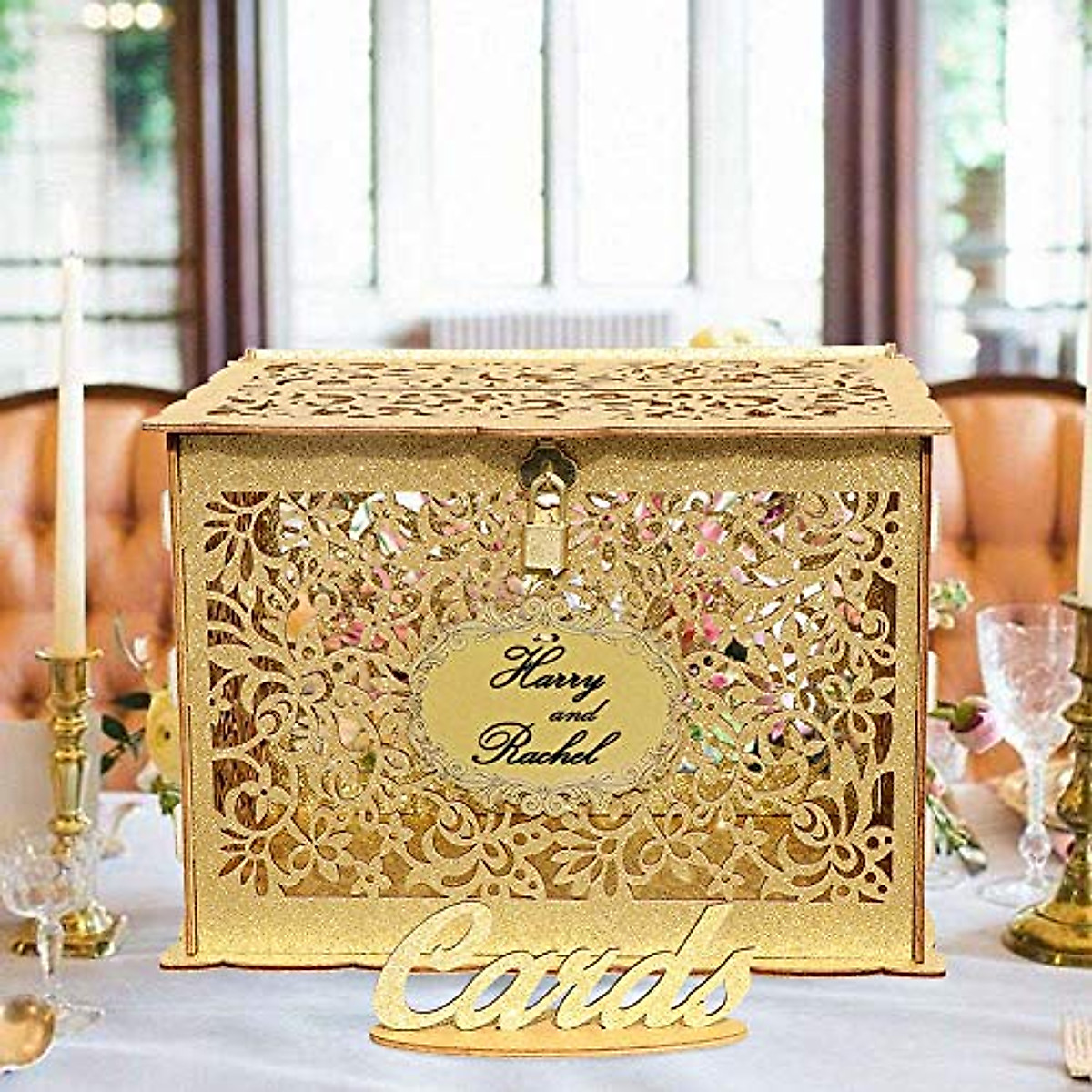 OurWarm Glittery Gold Wedding Card Box with Lock, Wood Gift Card Box Holder Money Box for Wedding Reception Birthday Party Baby Shower, Open House Celebration or Graduation Party Decorations
