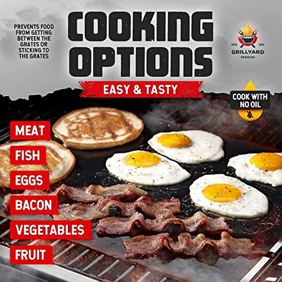 GRILLYARD Grill Mat Set of 6 – Non-Stick, Reusable BBQ Grill Mats for Gas, Charcoal, Electric Grill – Temperature Resistant – Heavy Duty Design – Easy to Clean (Black)