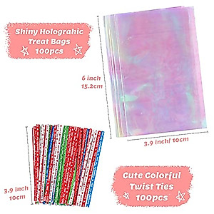 HRX Package 100pcs Small Iridescent Cellophane Treat Bags with Ties, 4x6 inch Holographic Plastic Goody Bags for Candy, Cake Pops, Favors