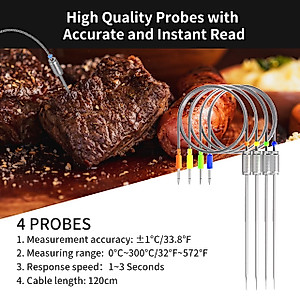 Rilitor Bluetooth Meat Thermometer,Wireless Digital Grill Thermometer with 4 Probes, Oven BBQ Thermometer with 100M/328Ft Smart APP Remote Suit for Kitchen Food Garden Smoker Barbecue Cooking