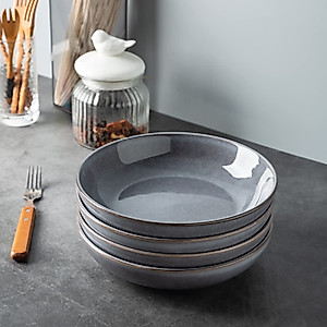 AmorArc Stoneware Bowls Set (10pcs), 8.5 inch Wide and Shallow Pasta Bowls Set of 4 & 26 oz cereal soup bowls set of 6 for kitchen, Microwave and Dishwasher Safe, Grey