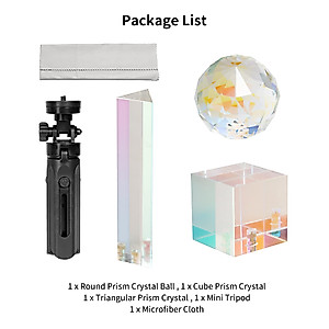 Meking 3Pcs Photography Crystal Prism with Mini Tripod, Camera Lens Optical Crystal Ball Glass, Cube and Pyramid Prism for Rainbow Effect Make Teaching Light Spectrum Physics