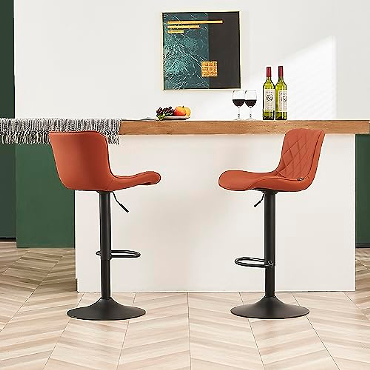 YOUNUOKE Bar Stools Set of 2 with Back Modern Faux Leather Swivel Counter Height Barstools Adjustable Tall Bar Stool Chairs for Kitchen Islands, Ochre Red