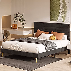 LIKIMIO Queen Bed Frame, Upholstered Platform Bed with Headboard Heavy Strong Metal/Wood Supports, Easy Assembly, Noise-Free, No Box Spring Needed, Black