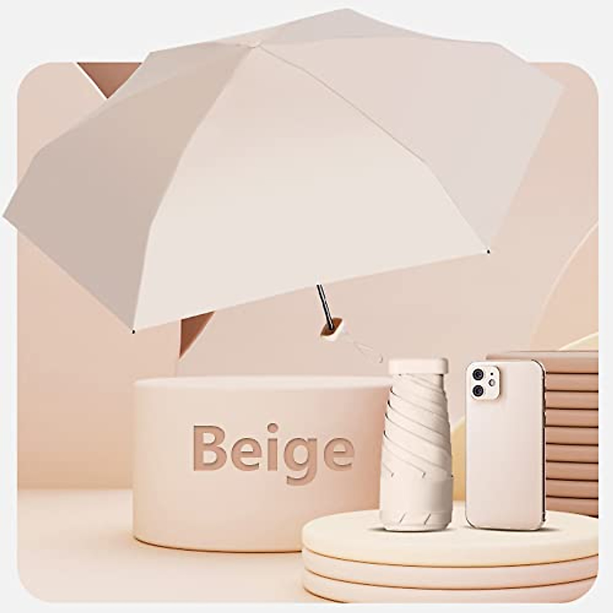 ESUFEIR Mini Travel Sun Umbrella for Purse With Case,Small Compact UV Umbrella Protection Sun,Lightweight Portable Parasol Umbrella Windproof for Women Men Kids (Beige)