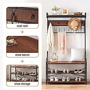 HOMISSUE 5-In-1 Entryway Hall Tree with Shoe Bench, Coat Rack with 11 Hooks and 2 Hanging Rods, Grid Panel for Memo and Photo Display, Brown Finish