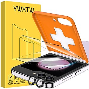 YWXTW [Upgraded Alignment Tray for Samsung Galaxy Z Flip 5 Screen Protector, 2 Pack Front Tempered Glass Screen Protector+2 PCS Camera Lens Protector, Case Friendly & Anti Scratch