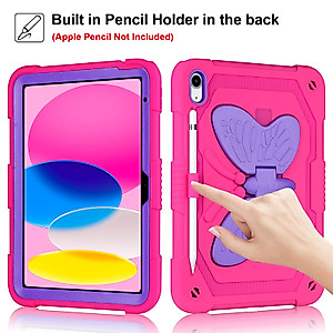 VOFUOE for iPad 10th Generation Case for Kids Girls for iPad 10th 2022 10.9 Cases with Screen Protector Shoulder Strap Butterfly Wings Stand Pencil Holder Rugged Cover for iPad 10th Gen 10.9-Rose Red