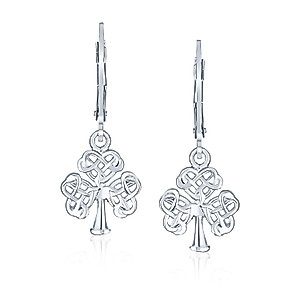 Delicate Petite Irish Triquetra Open Heart Shape Celtic Knot Good Luck Shamrock Clover Dangle Earrings Lever back .925 Sterling Silver