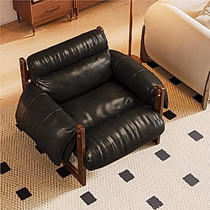 PQXM Oil Wax Leather Accent Chair, 33.5" W Solid Wood Upholstered Accent Chair for Living Room, Bedroom, Lounge, Balcony (Dark Olive)