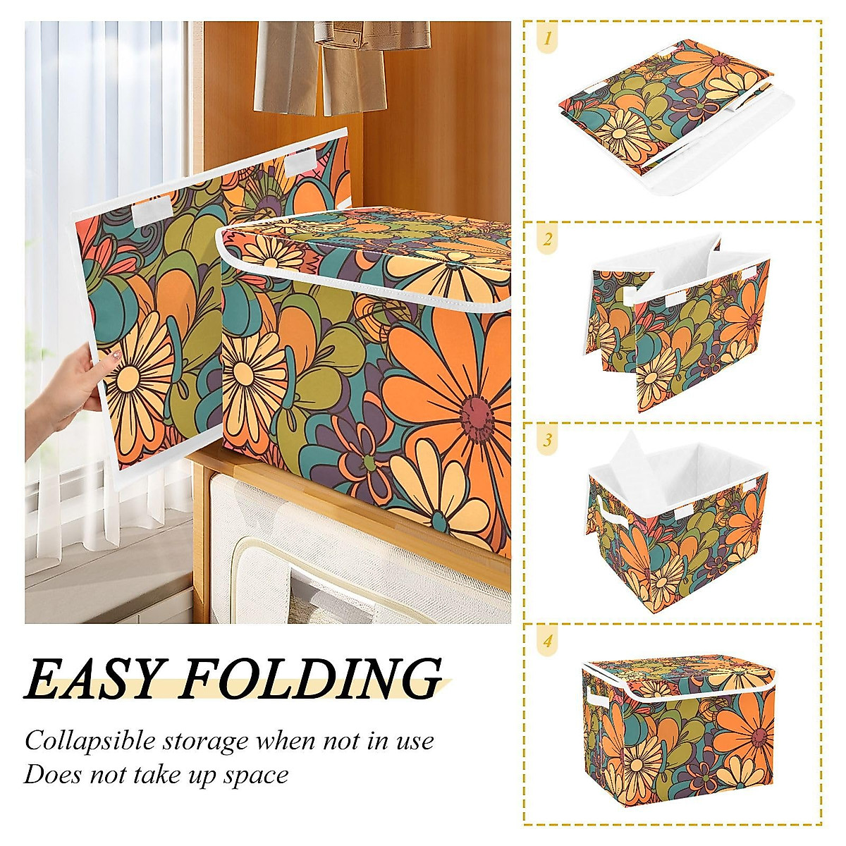 Vnurnrn Storage Bin with Lid Collapsible Hippie Florals Print, Large Capacity Foldable Storage Basket Cube for Clothes Toys 16.5×12.6×11.8 IN