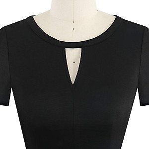 YATHON Women's Business Retro 50s Black Polka Dot Pockets Swing Casual Dresses Keyhole Cutout Fit and Flare Dress for Summer Party Holiday (XL, YT018-Black Dot)