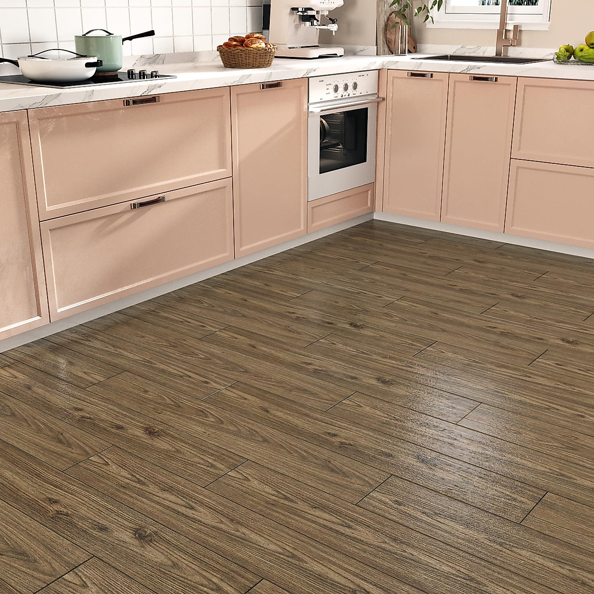 Skyblur Brown Peel and Stick Wooden Floor Tiles for Kitchen Backsplash - Waterproof, Self-Adhesive, 35x6 Inch, 4 Pcs