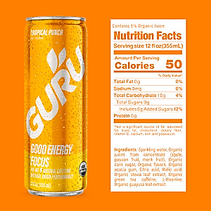 GURU Organic Energy Drinks Variety Pack, Clean Energy Drink with Plant Based Natural Caffeine from Green Tea, Gluten Free and Vegan, 140MG Caffeine, Healthy Drinks, 12 oz (Pack of 12)