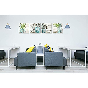 Flower Painting Wall Art Watercolor MasonJar Floral Picture Artwork 4 Panel Modern Oil Painting Print on Canvas for Bedroom Living Ready to Hang