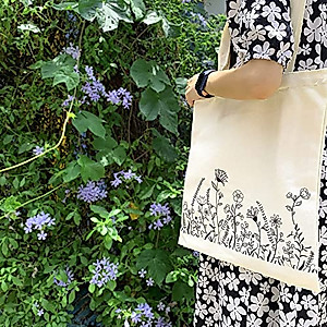 Kazova Floral Cotton Canvas Tote Bag Minimalist Bouquet Tote Bag Reusable Canvas Shopping Grocery Bags Wildflower Botanical Boho Gift for Women (Black)