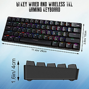 60% Wireless Wired Gaming Keyboard - 60 Percent Compact 61 Key Mini Mechanical Keyboard with RGB Backlit, Include 2.4Ghz USB Receiver and USB C Cable,Blue Switch for Desktop, Computer and PC