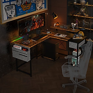 SUAYLLA L Shaped Desk with Drawers, Computer Gaming Desk with Storage Shelves, Work Desk for Home Office L-Shaped, 2 Person Long Table for Writing Workstation, Rustic Brown