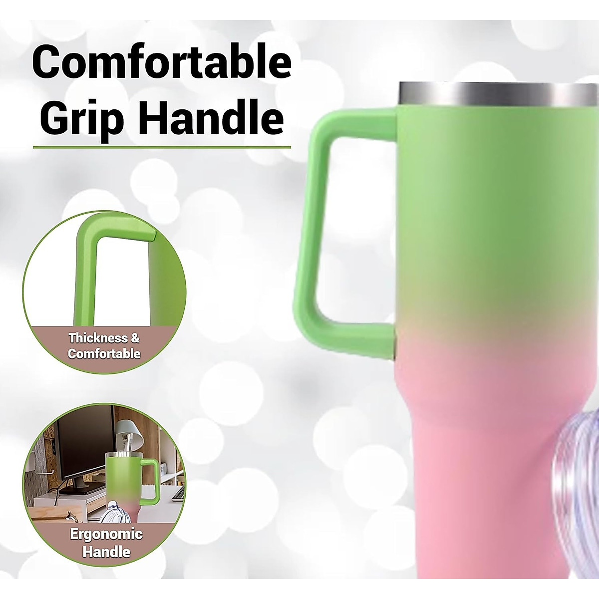 RAHATBEE 40 oz Tumbler with Handle and Straw Lid, 100% Leak-Proof Travel Coffee Mug, Reusable Stainless Steel Insulated Cup for Beverages, Keeps Cold for 34Hrs or Hot for 12Hrs (LG-Pink)