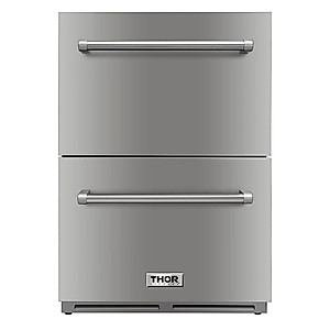 Thor Kitchen TRF2401U 5.4 Cubic Foot Stainless Steel Indoor/Outdoor Built In Undercounter Double Drawer Refrigerator Ventilated Cooling Mini Fridge