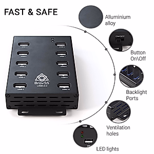 BrovSS: 10 Ports USB 2.0 Powered Hub - USB Extension Splitter with 12V 5A 60W Power Adapter. Connect up to 10 Electronics and USB peripherals. (Black)