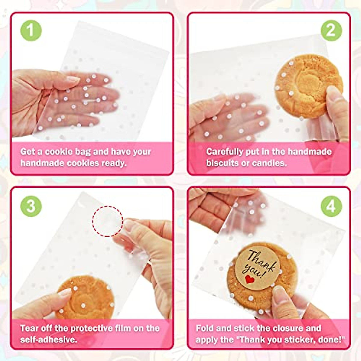 JESTAR 200 PCS Self Adhesive Cookie Bags Christmas Treat Bags, 3.94"x 3.94" Cellophane Bags Individual Cookie Bags with Thank You Stickers White Polka Dot Bags for Party Favors Gift Giving Candy