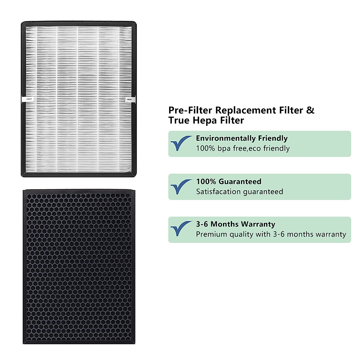 TTAP003 Replacement Filter, Compatible with TaoTronics TTAP003 and VIVOSUN 5-in-1 Air Purifiers, H13 Grade True HEPA and Activated Carbon Filter, 2 Pack