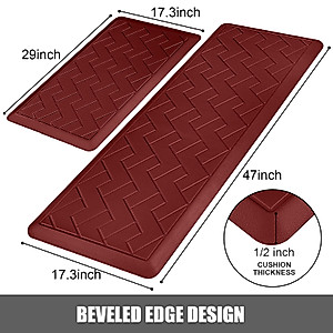 WEZVIX Non-Skid Kitchen Rugs and Mats Waterproof, Anti Fatigue Kitchen Mat 2 PCS, 1/2 Inch Thick Kitchen Floor Mat, Ergonomic Comfort Foam Standing Mat for Floor, Office, Sink, Laundry - Red