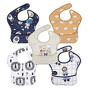 Soarwg Kids Bibs, Baby Bibs, Waterproof Baby Bibs for Boy and Girl, Great Travel Baby Bibs for Eating, Mess Proof Bibs for Baby Unisex, Toddler Feeding Bibs, 5 Pack