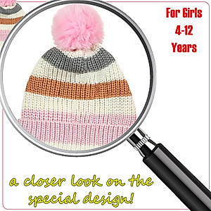 PEAK 2 PEAK Girls Hat and Fingerless Gloves Winter Set, Marled Yarn Knitted with Pink Pompom on hat and Glove - Age 4-12 Years