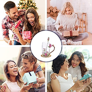 SUQ I OME Enamel Rose and Butterfly Flower Glass Tea Cup Glass Birthday Gifts For Women Mother Teacher Classmate Sister Wife with Spoon Beautiful Rose Flower Butterfly Christmas Valentines Wedding Day