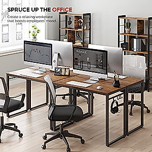 VASAGLE Computer Writing Desk, 39 Inch Office Study Table, Work from Home, with 8 Hooks, Metal Frame, Industrial, 39.4", Walnut Brown
