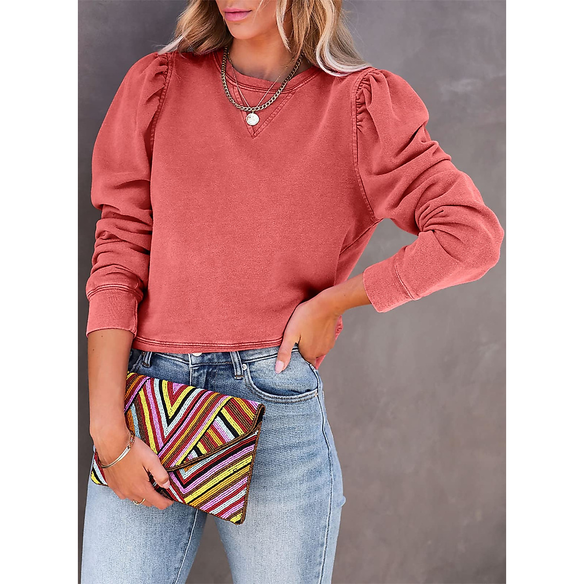 Dokotoo womens sweatshirts Casual Long Puff Sleeve Pullover Crew Neck Cute Tops Solid Color Relaxed Fit Red Shirts X-Large