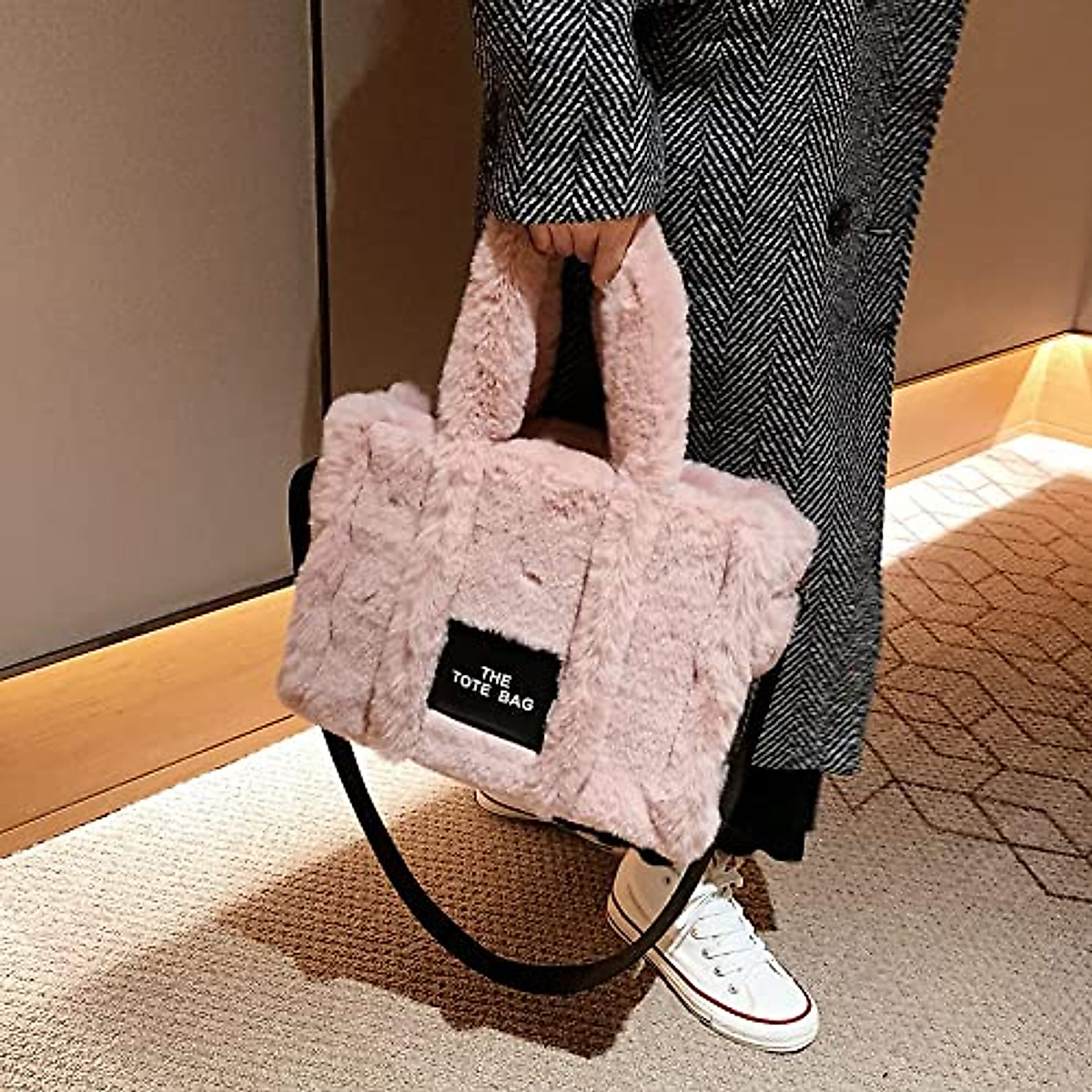 Tote Bags for Women Fluffy Tote Bag Plush Tote Purse Crossbody/Handbag (Pink)