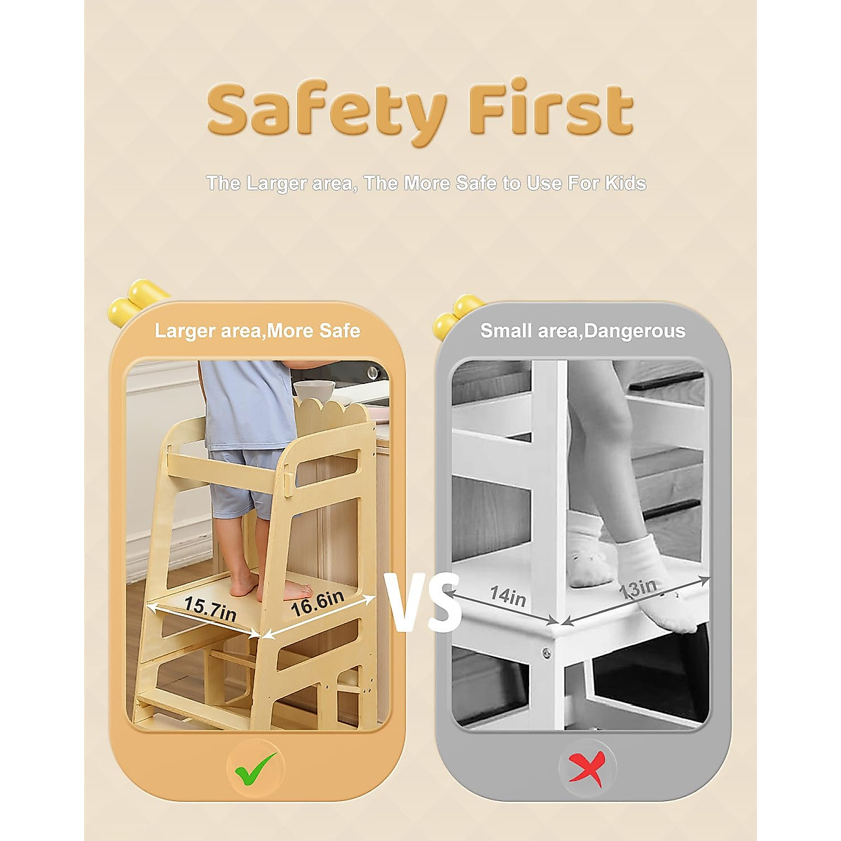 Lauon Step Stools for Kids, Adjustable Height Toddler Montessori Wooden Tower - Safe Anti-Drop Kitchen Stool Helper, Standing Tower for Bathroom & Counter